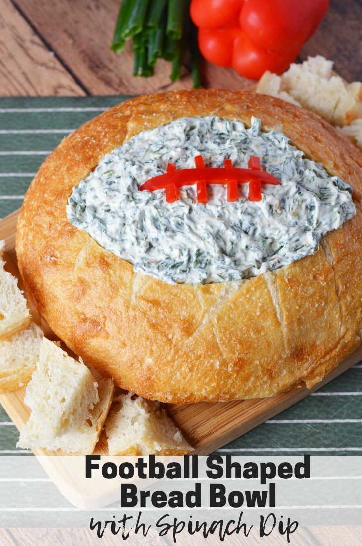 Football Shaped Bread Bowl With Spinach Dip - This Ole Mom